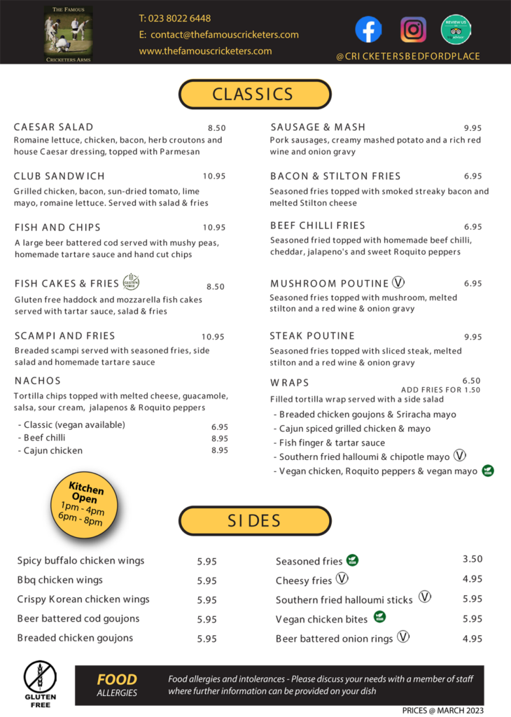 Menu – The Cricketers Arms Public House