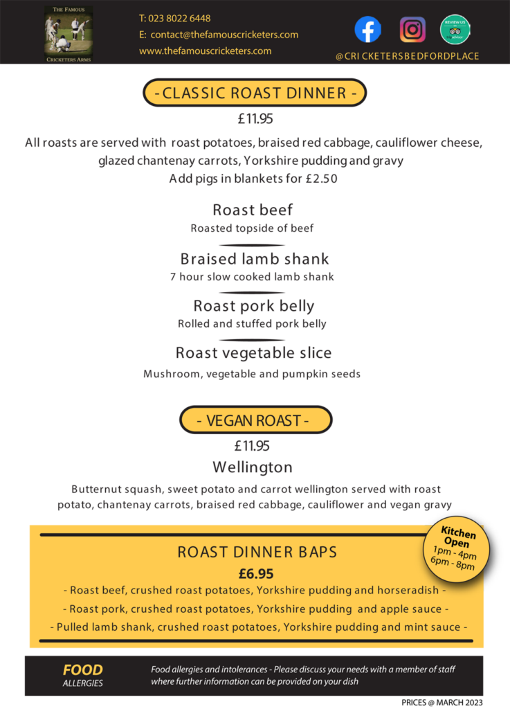 Menu – The Cricketers Arms Public House