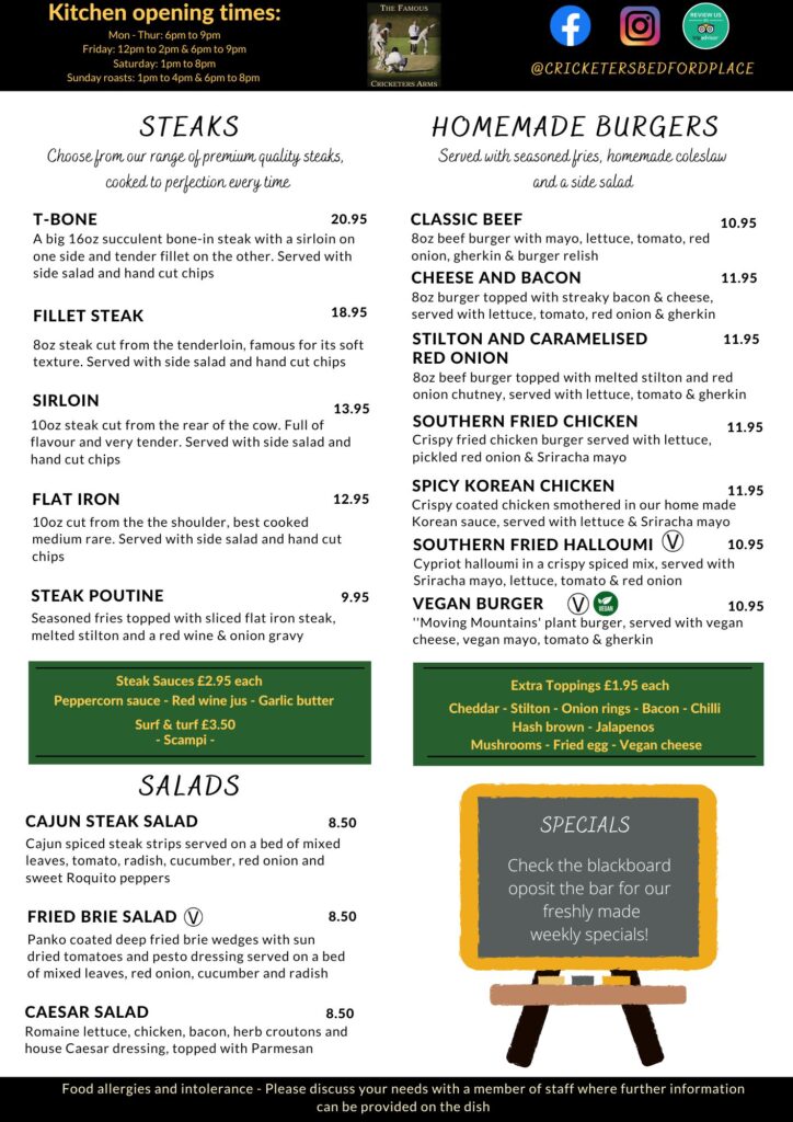 Menu – The Cricketers Arms Public House
